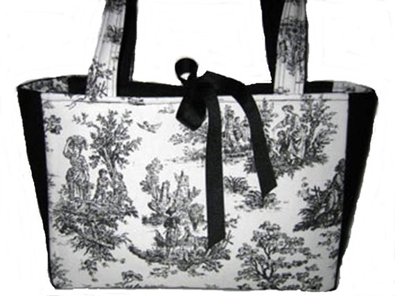 Handbag Purse Tote Black White Toile fabric Medium size | Etsy