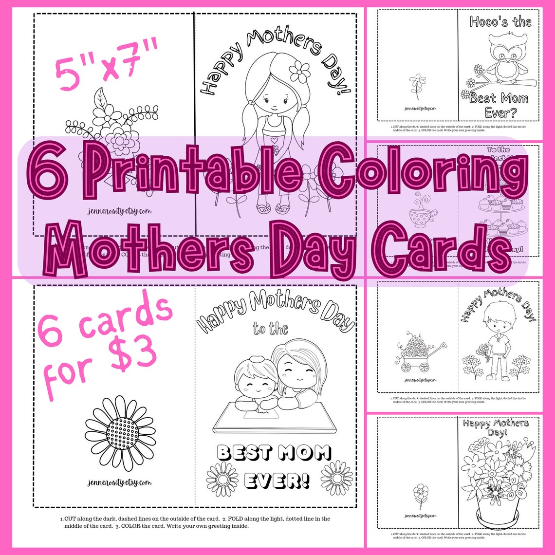 6 Printable Coloring Mothers Day Cards, Card to Mom From Kids, Mothers ...
