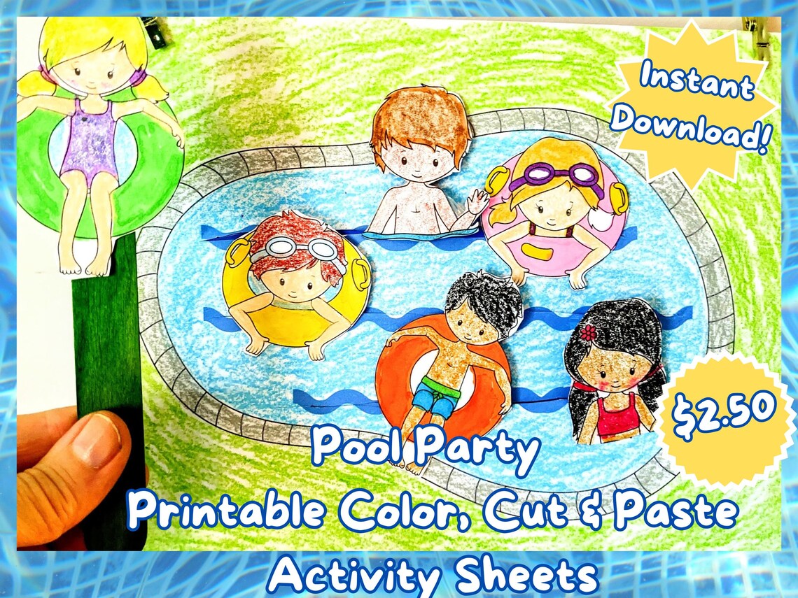 Printable Pool Party Coloring Craft, Digital Download, Kids' Activity ...