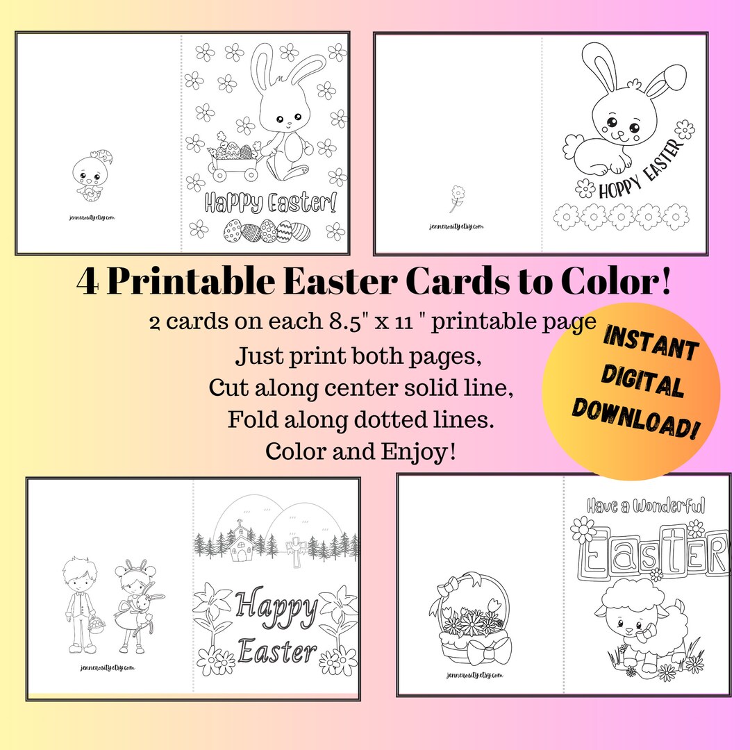 Printable Coloring Easter Cards, Digital Download, Cute Bunny ...