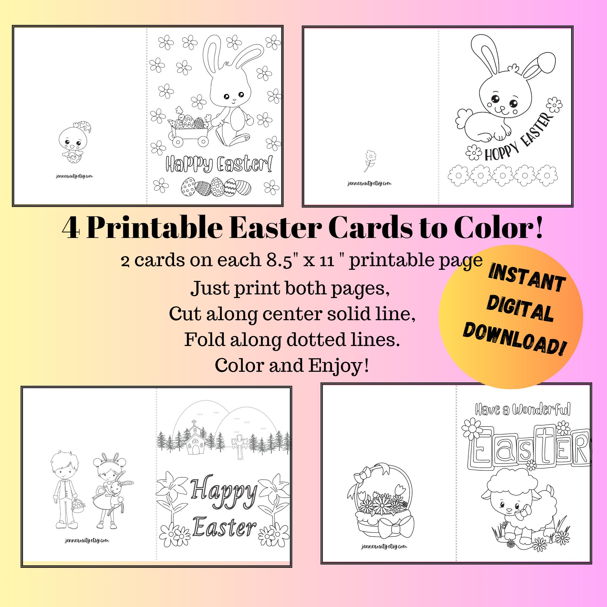 Printable Coloring Easter Cards, Digital Download, Cute Bunny ...