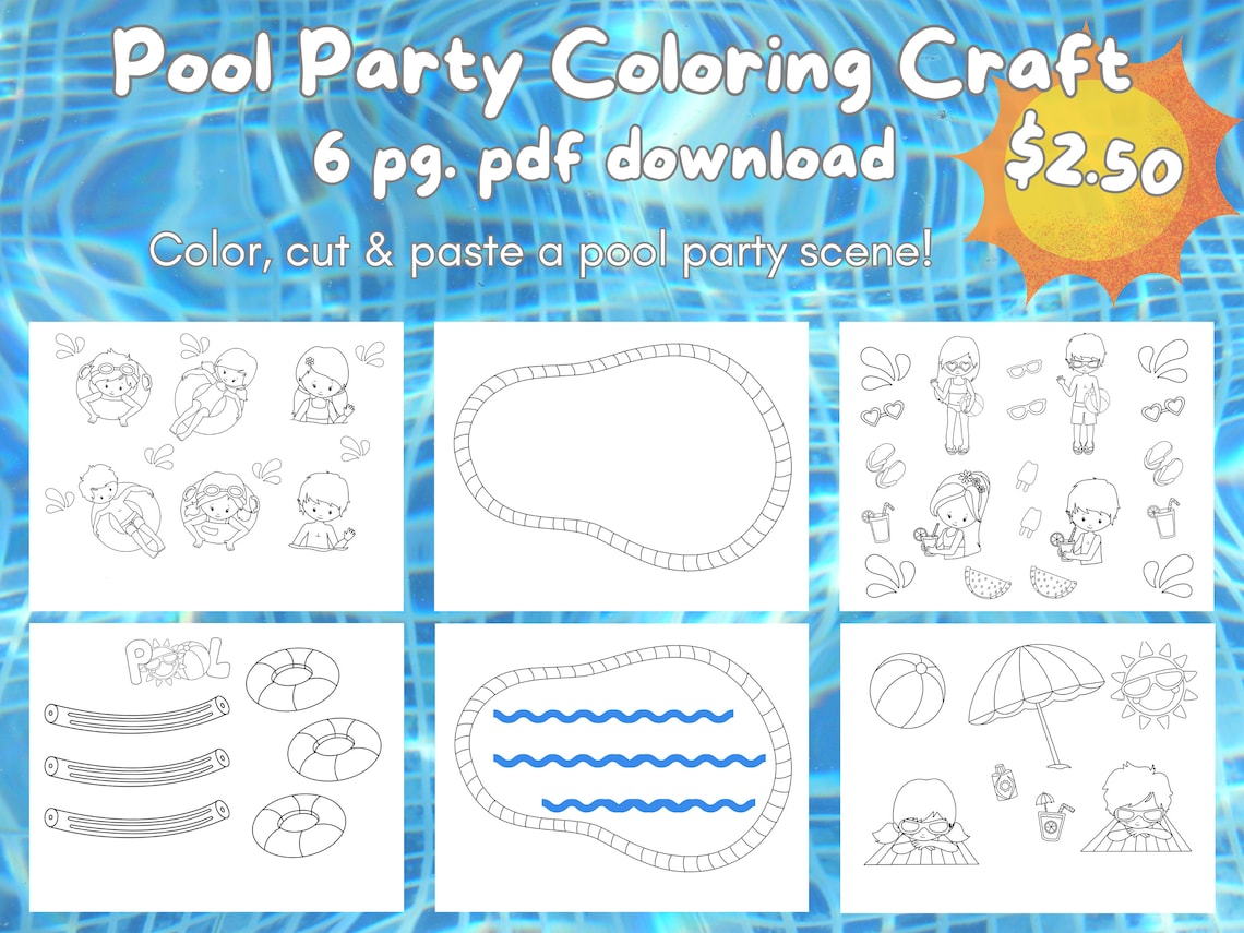Printable Pool Party Coloring Craft, Digital Download, Kids' Activity ...