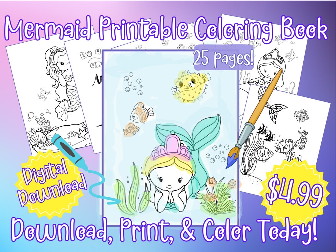 Mermaid Under the Sea Printable Coloring Book for Kids Digital Download ...