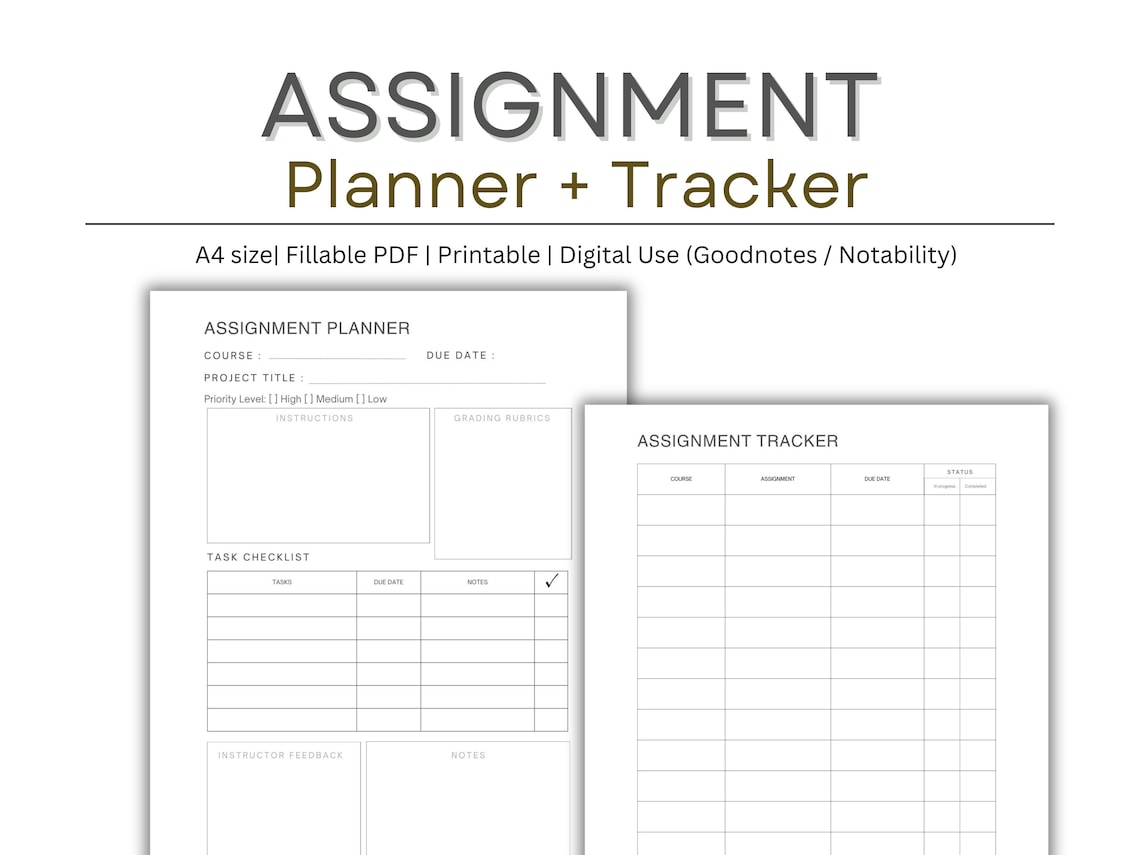 Printable Assignment Planner and Tracker Digital Use Fillable PDF ...