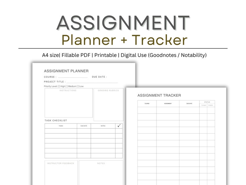 Printable Assignment Planner and Tracker Digital Use Fillable PDF ...