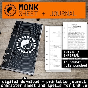 MONK Character Sheet, Journal and Spells for Dnd 5e | Form Fillable ...