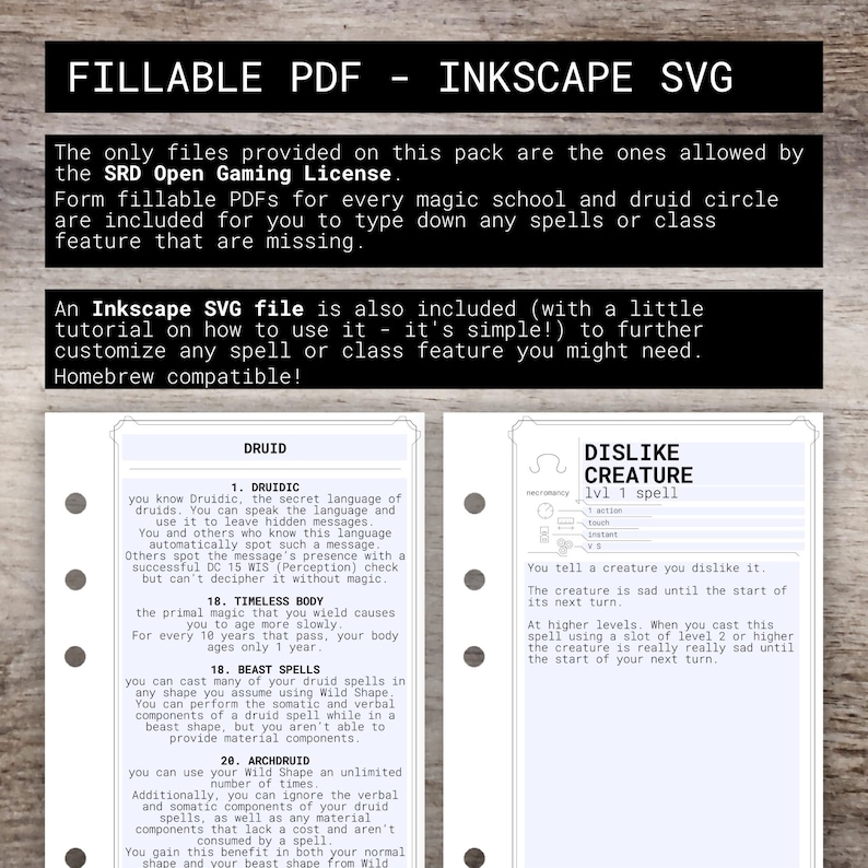 DRUID Character Sheet and Spell Book for Dnd 5e | Form Fillable Pdfs ...