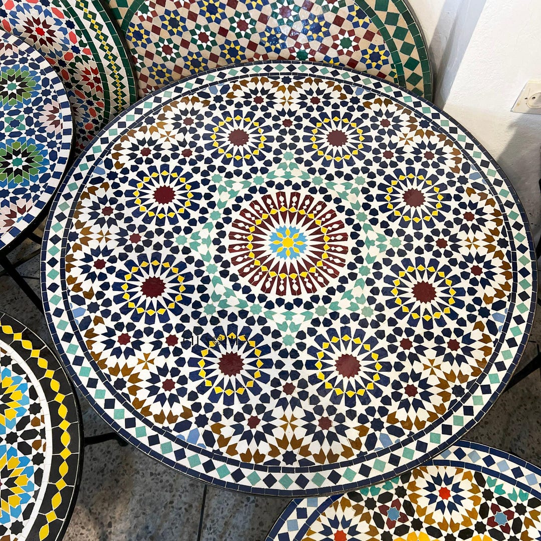 Custom Made Moroccan Mosaic Table - Round Outdoor Dining Table - Tile ...