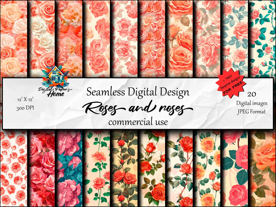 Roses and Roses, Seamless Digital Paper for Commercial and Personal Use ...