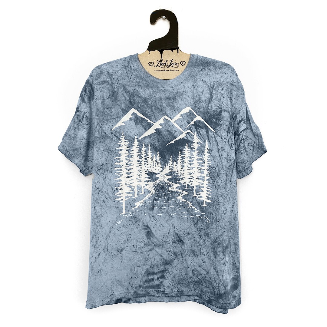 Unisex Large - Smokey Blue Color Blast Dye Tee With Mountains Screen ...