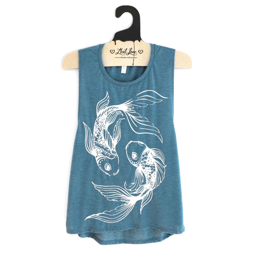 S,M,L Denim Blue Muscle Tank With Koi Screen Print - Etsy