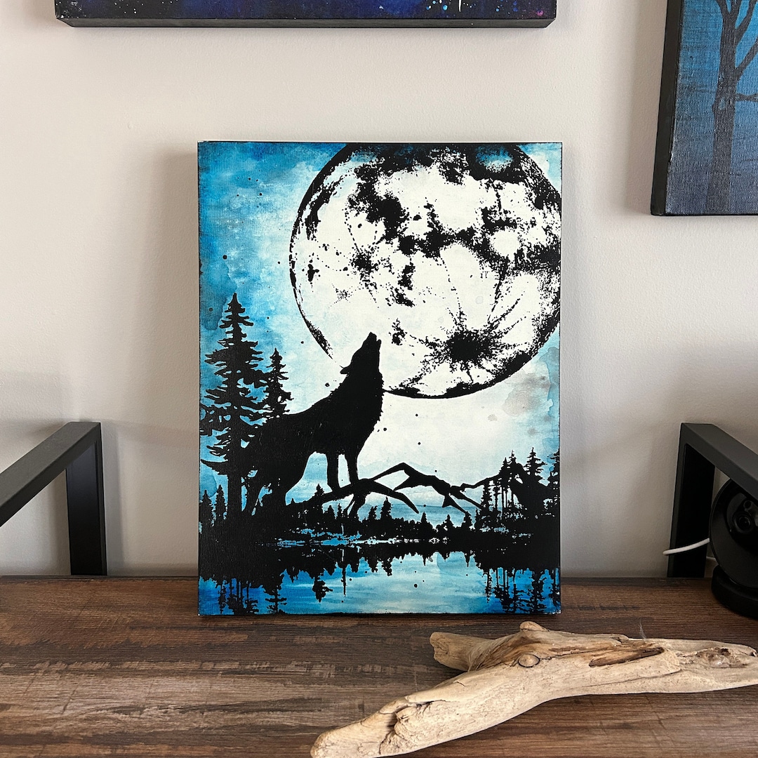 Moon Wolf Screenprint and Paint on Art Board- 12 X 16 X 1.5 - Etsy