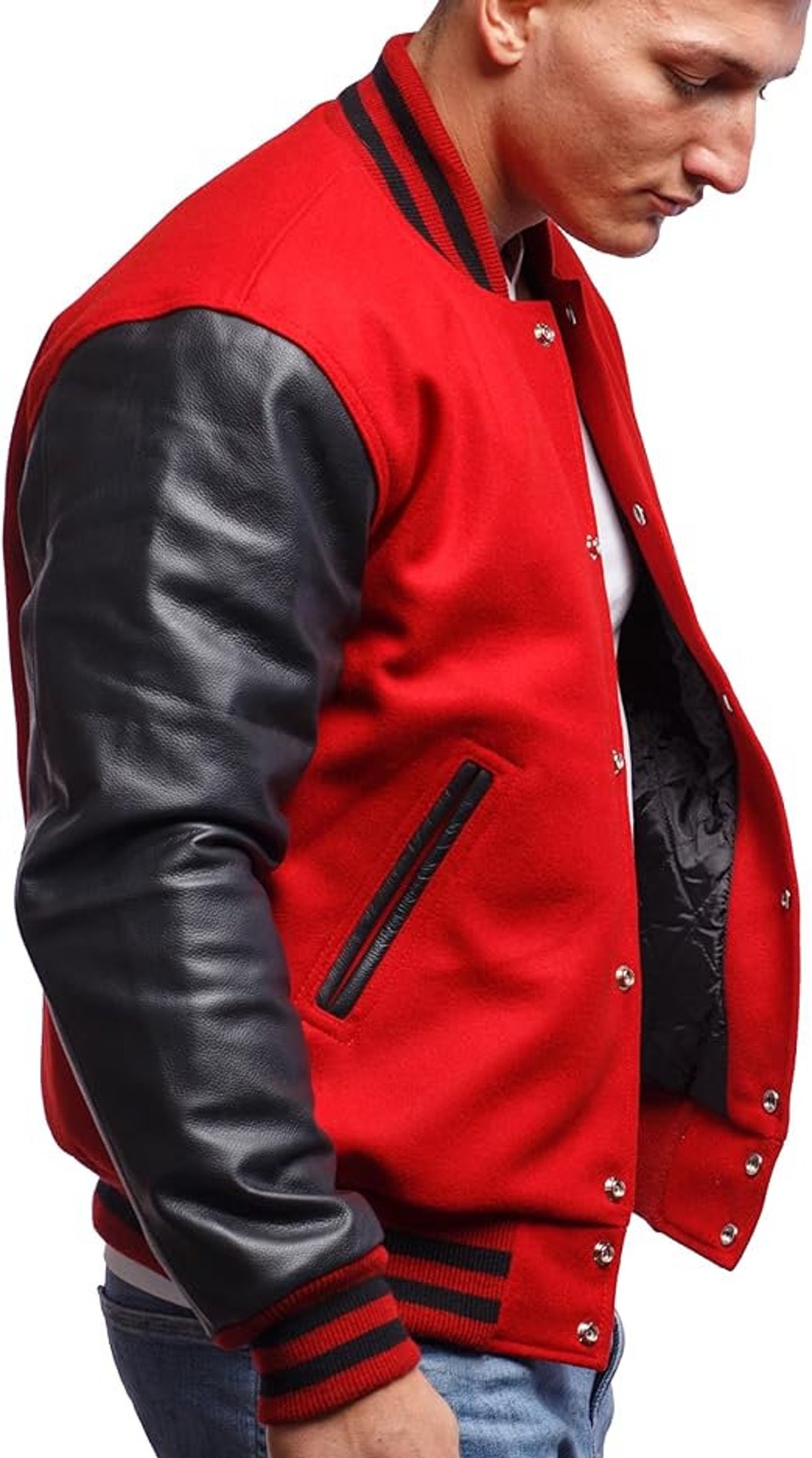 Varsity Letterman Baseball in Black Wool and Genuine Black Leather ...