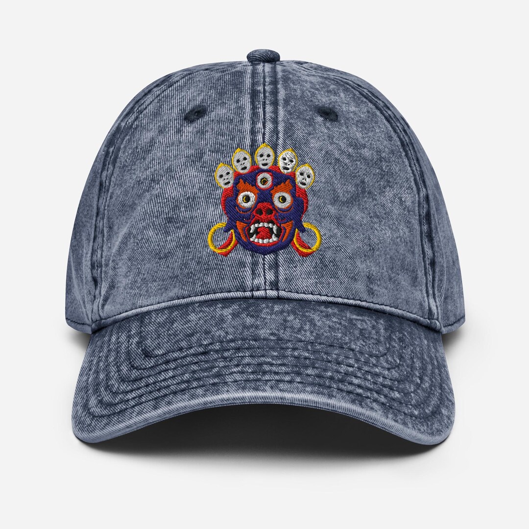 Embroidered Mahakala Dad Hat, Acid Wash Tibetan Buddhist Protector Cap ...
