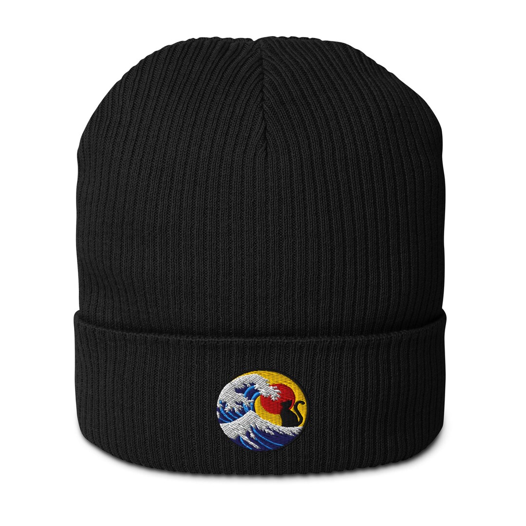 Hokusai Wave Cat, Organic Ribbed Beanie, Kanagawa, Japanese Tsunami Art ...