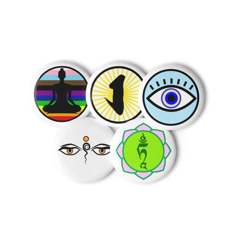 Set of Symbols Pin Buttons, Buddhist Iconography, Green Tara, Shambhala ...
