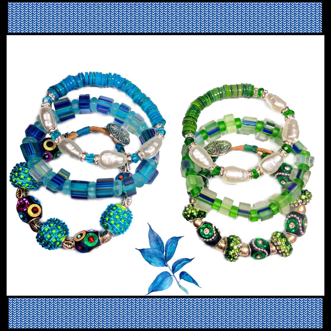 Florida Keys 3 Bracelet Stacks! Shades of Green & Shades of Blue! - Etsy