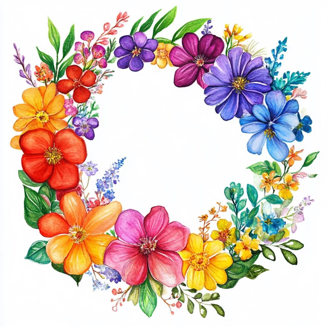 Rainbow Flower Frame Clipart: Colorful Floral PNG Borders (digital ...