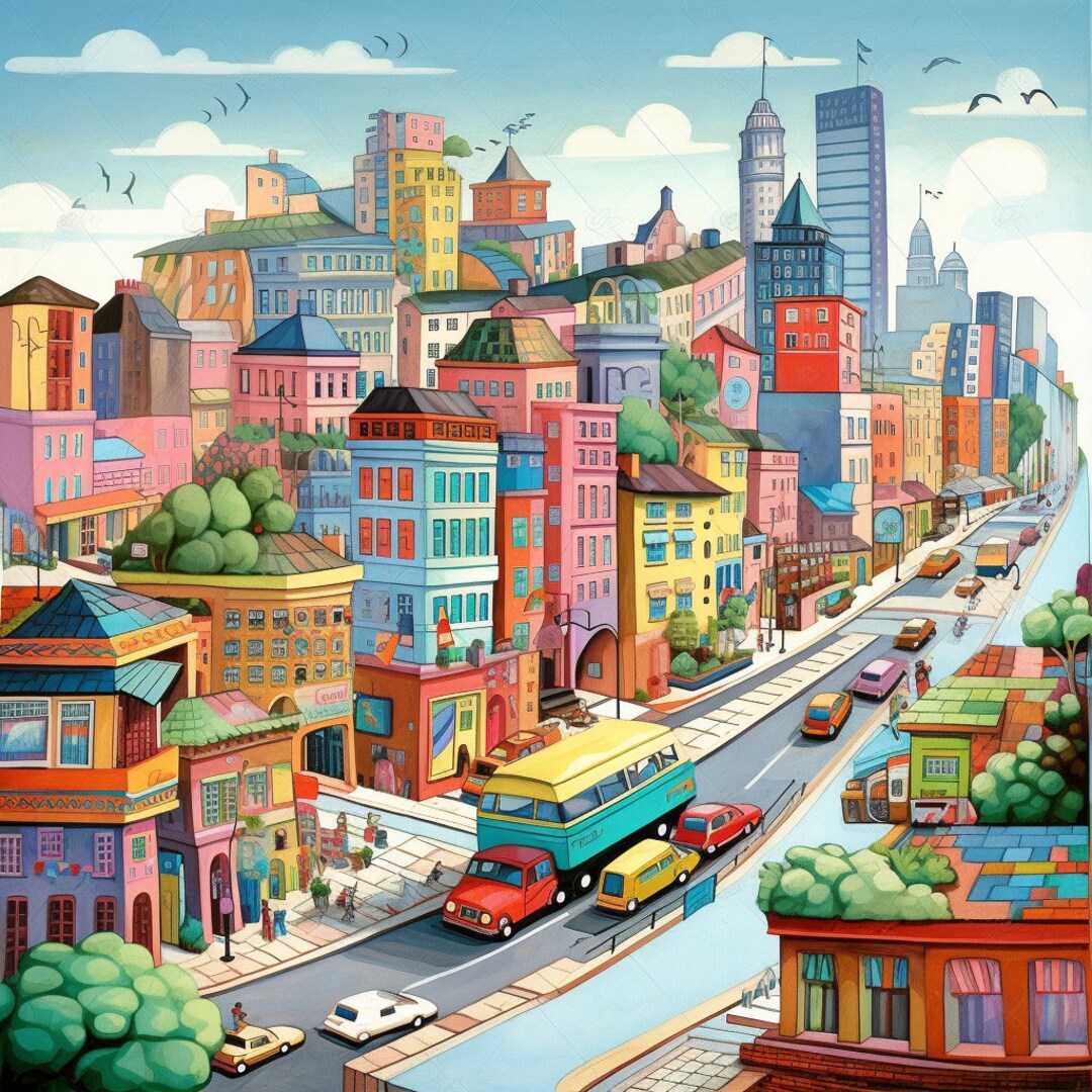 Cartoon Cityscape Clipart: Watercolor Houses & Skyscrapers (JPG ...