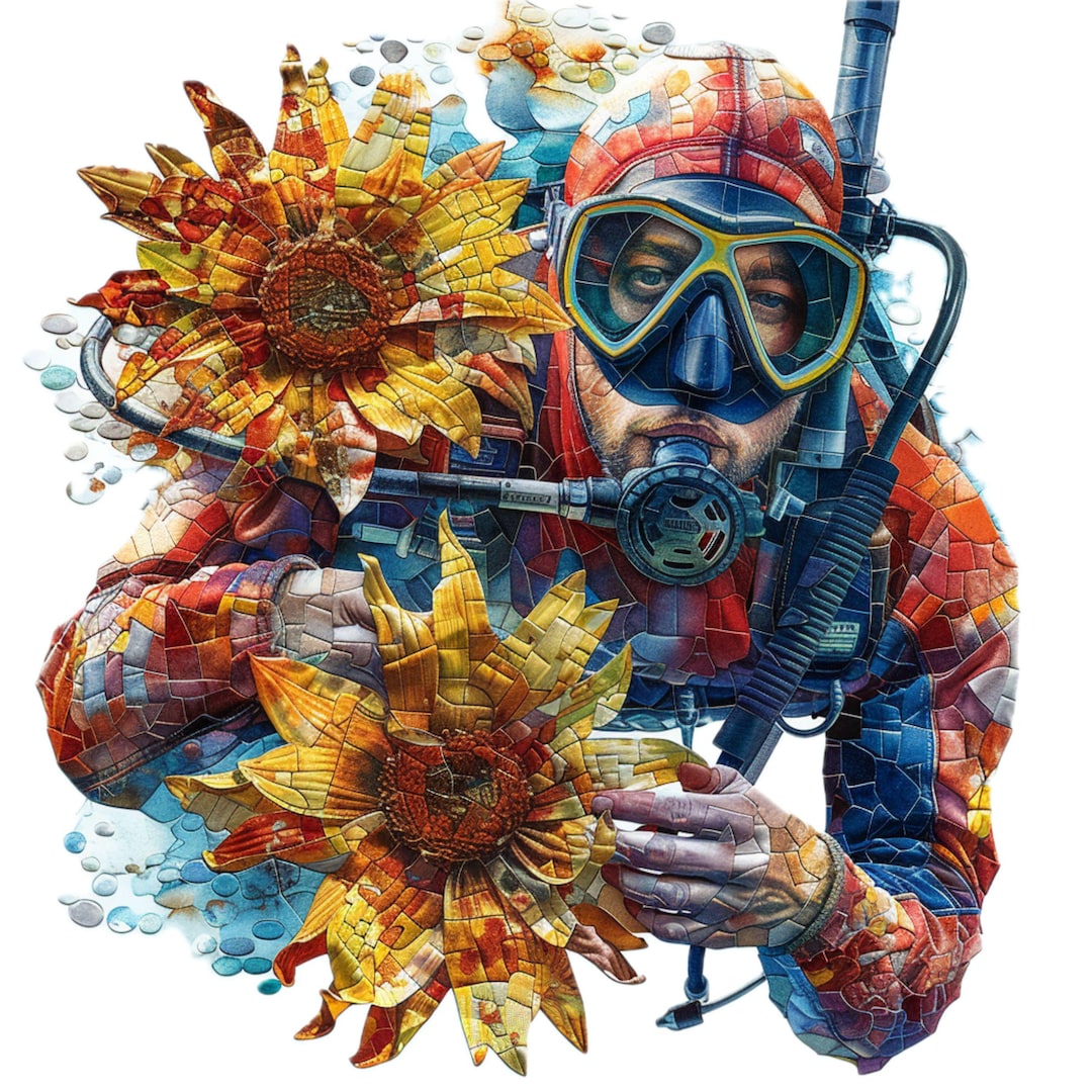 Patchwork Scuba Diver Digital Image: Floral Clipart (PNG), Spring ...