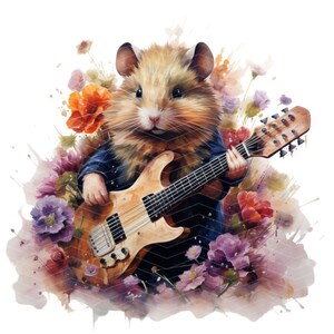 Floral Hamster Rockstar Cliparts: Watercolor Musician PNG (digital ...