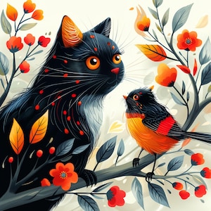 Cat and Bird Cliparts: Playful Feline Graphics (JPG Digital Download ...