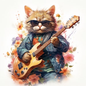 Floral Rocker Cat Cliparts: Rockstar Musician JPG Images - Etsy