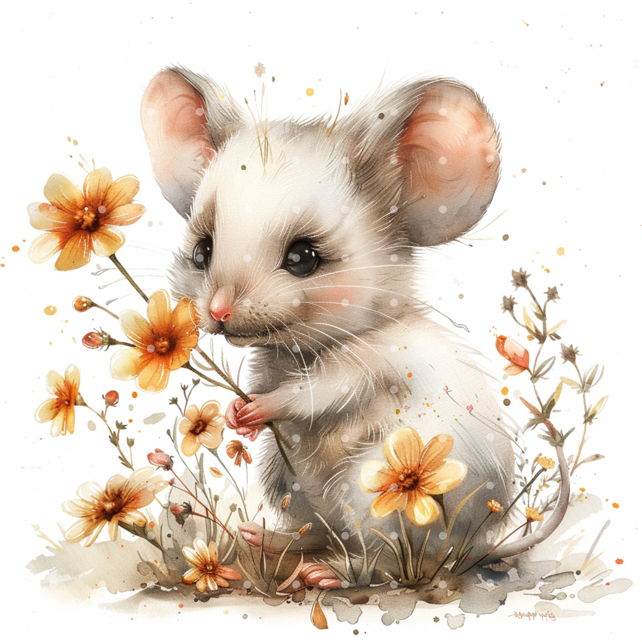 18 Little Mouse, Cute Flower, Clipart, Printable Watercolor Clipart, 18 ...
