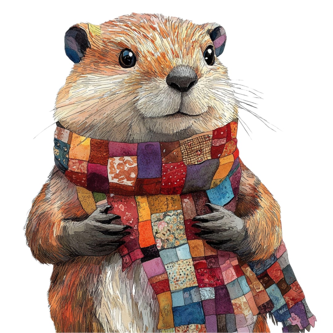 12 BEAVER in a PATCHWORK SCARF Digital Image, Beaver Png Illustration, Beaver in a Patchwork ...