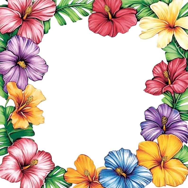 Watercolor Hibiscus Flower Frames Clipart: Hawaii PNG (digital Download ...