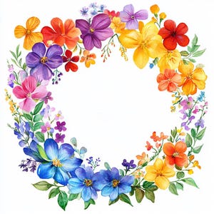 Rainbow Floral Frame Clipart: Colorful Flower Borders (PNG, Digital ...