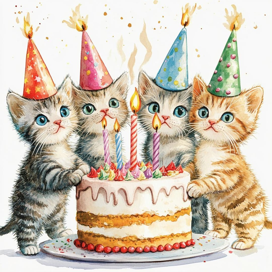 Watercolor Cat Birthday Clipart Bundle: Party Cake Designs (digital ...