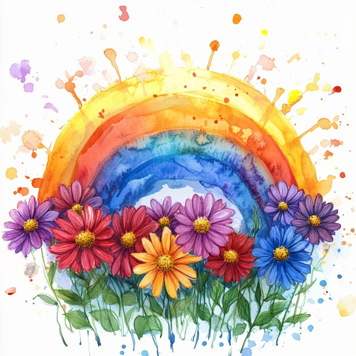 Watercolor Rainbow Flowers Clipart: Floral Art, JPG (digital Download ...