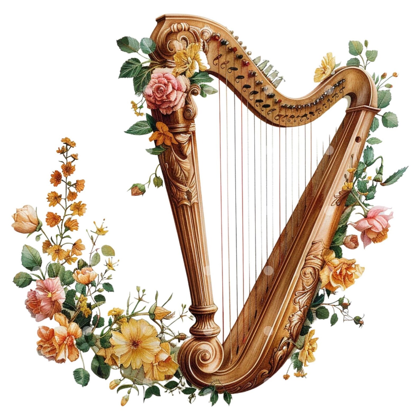 12 Floral Harp Clipart, PNG, Harp With Flowers Png, Printable ...