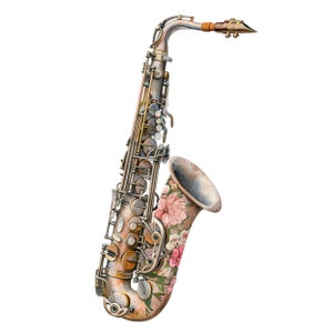 12 Vintage Floral Saxophone Clipart, PNG, Saxophone With Flowers Png ...