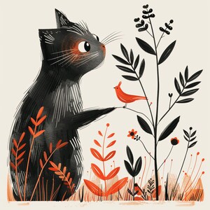 Cat and Bird Cliparts: Playful Feline Graphics (JPG Digital Download ...