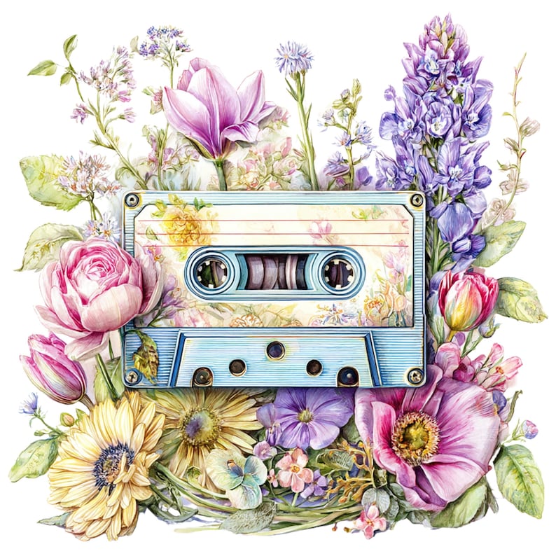 Floral Cassette Clipart: Vintage Watercolor Music Tape PNG (digital ...