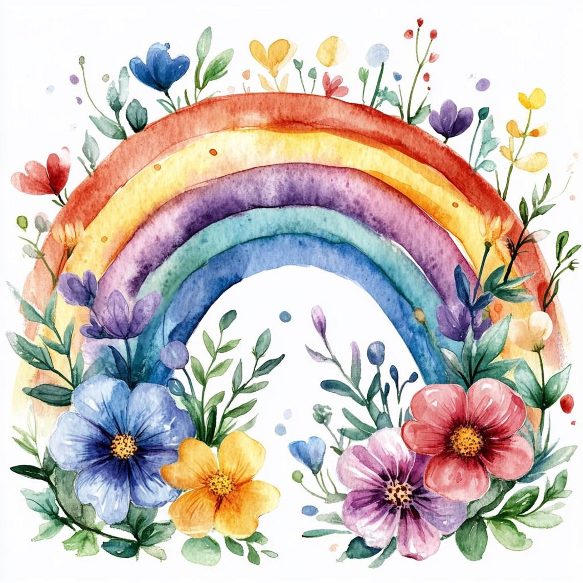 Watercolor Rainbow Flowers Clipart: Floral Art, JPG (digital Download ...
