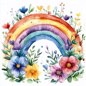10 Rainbow Flowers Watercolor Clipart, JPG Cartoon Rainbow, Printable ...