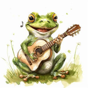 Frog Playing Guitar Watercolor Cliparts: Musician Illustration (JPG ...