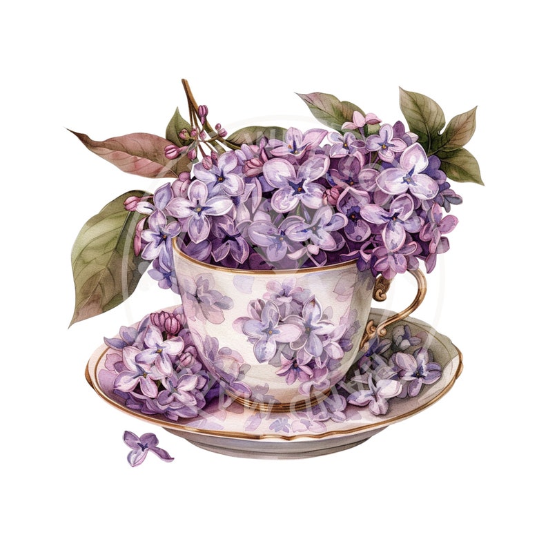 Watercolor Lilac Clipart: Floral Tea Cup PNG Images (digital Download ...