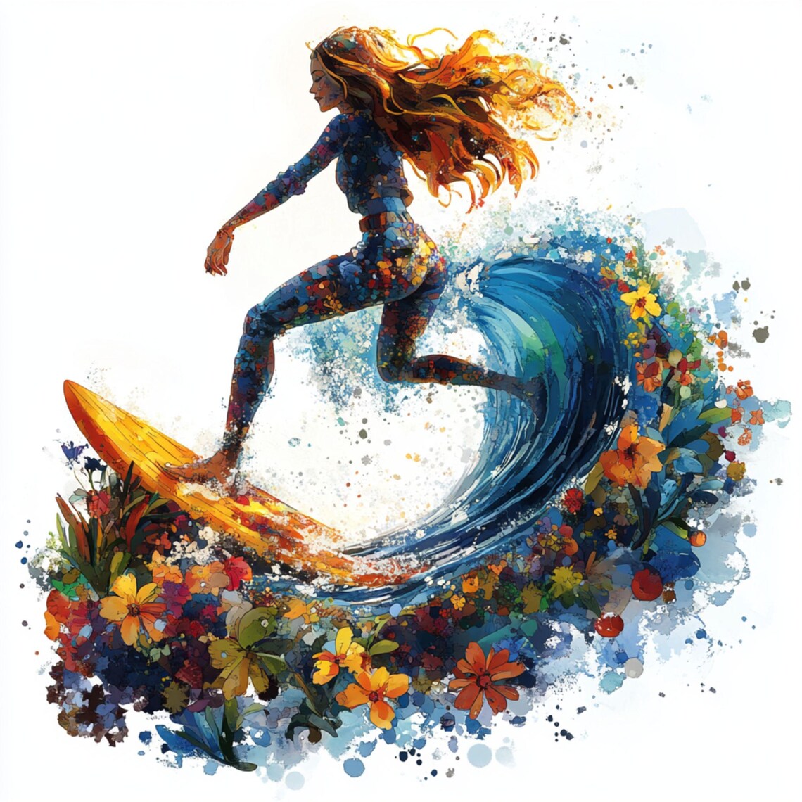 Surfing Girl With Flowers Clipart: Summer Digital Images (commercial ...