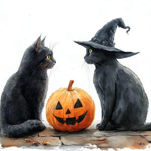 10 HALLOWEEN CAT CLIPART, Watercolor Magic Cat, Digital Witch Cat Image ...