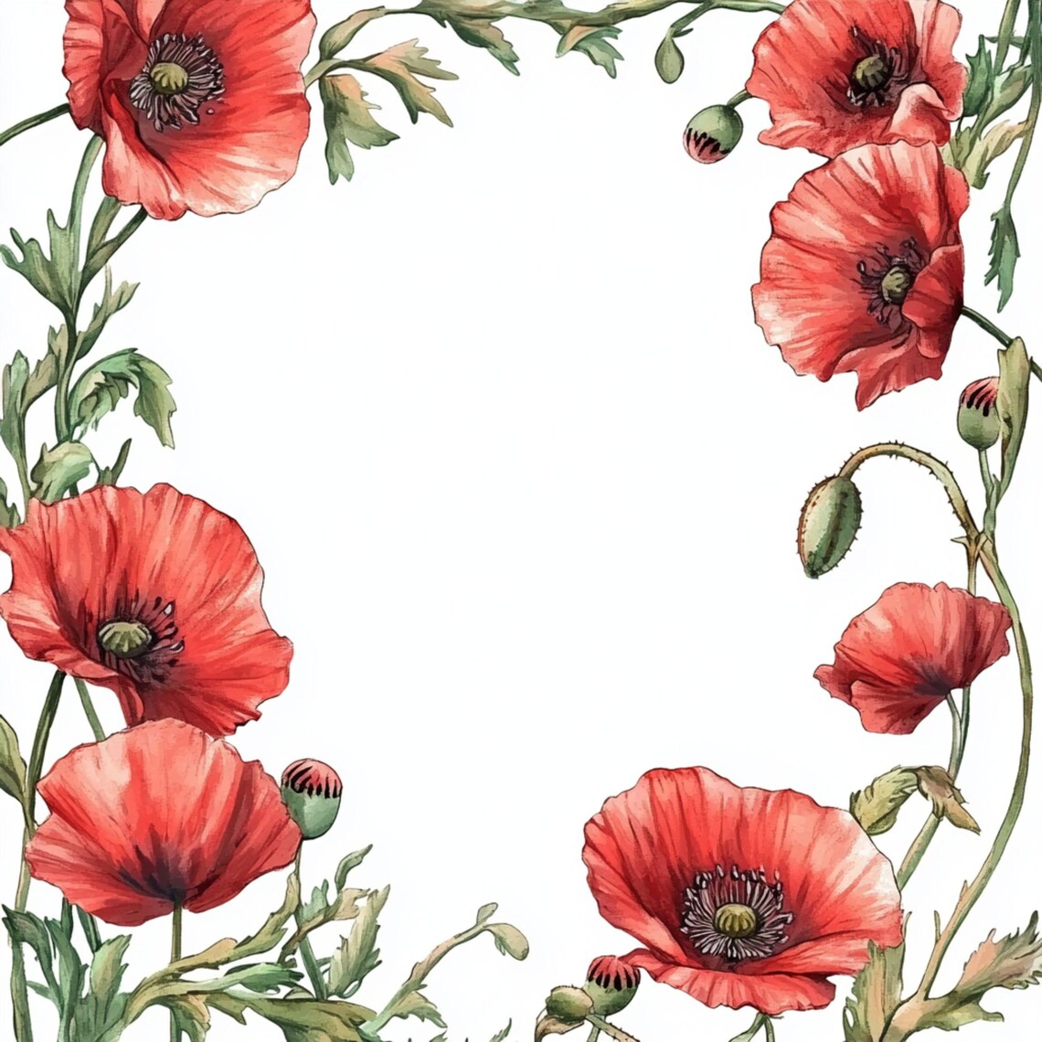 12 Poppy Watercolor Frames Clipart, High-quality PNG, Digital Download ...