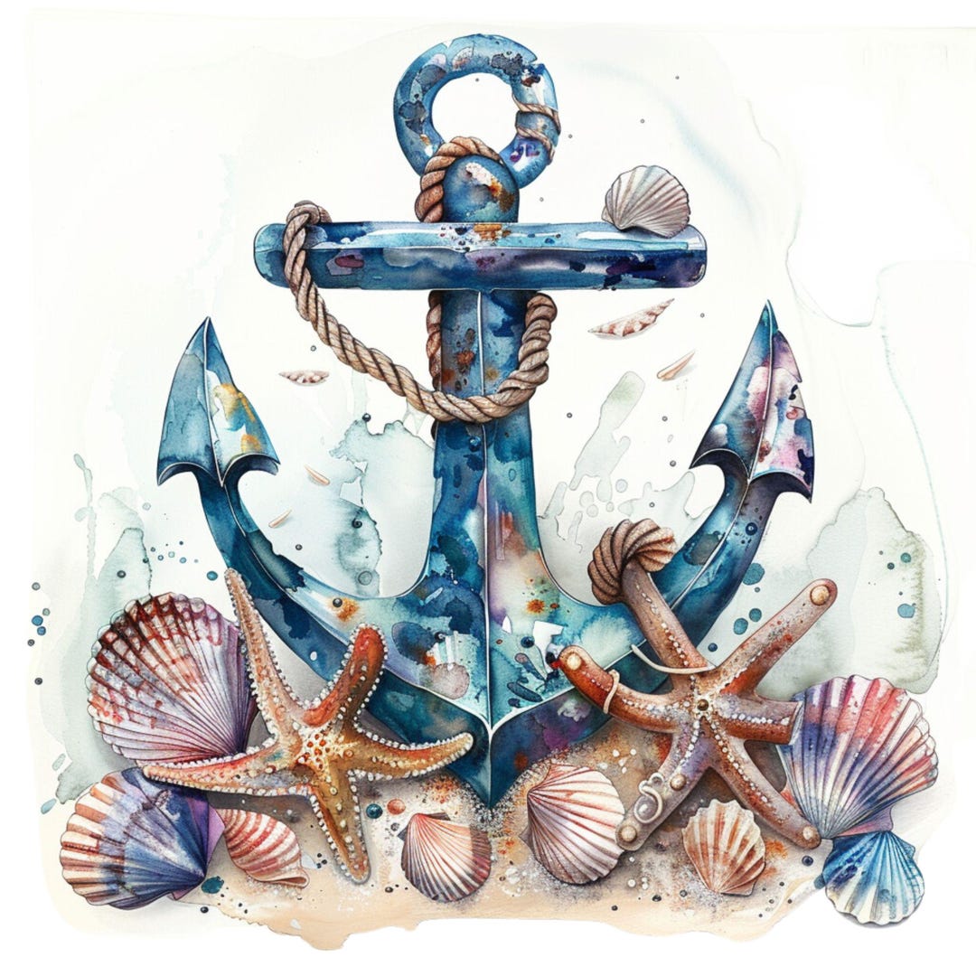 16 ANCHOR and SEA SHELLS Cliparts, Watercolor Anchor, Digital Image of ...