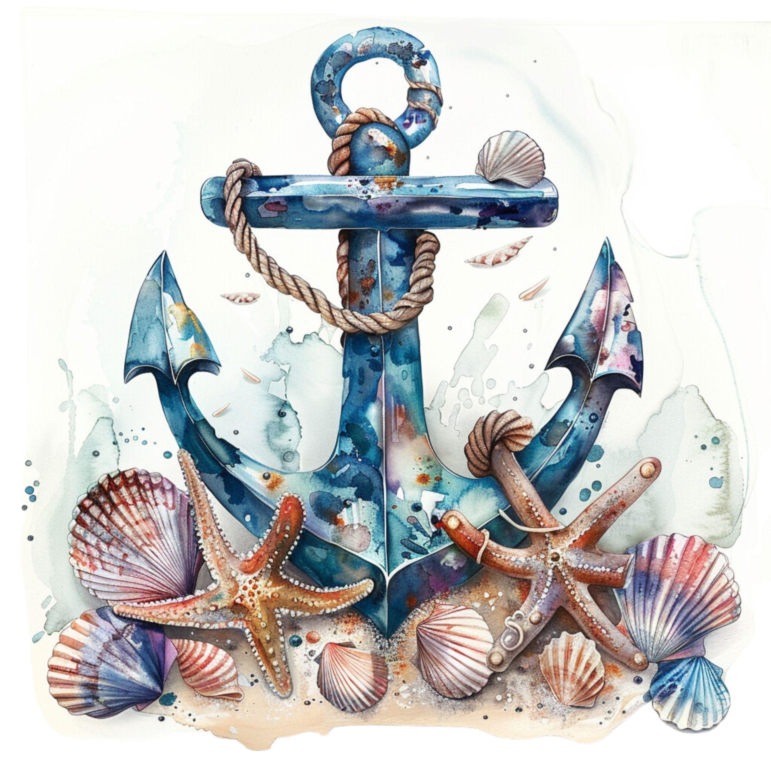 16 ANCHOR and SEA SHELLS Cliparts, Watercolor Anchor, Digital Image of ...