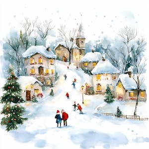 Watercolor Christmas Village Clipart: Snowy Winter Landscape (digital ...