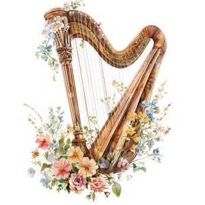 12 Floral Harp Clipart, PNG, Harp With Flowers Png, Printable ...