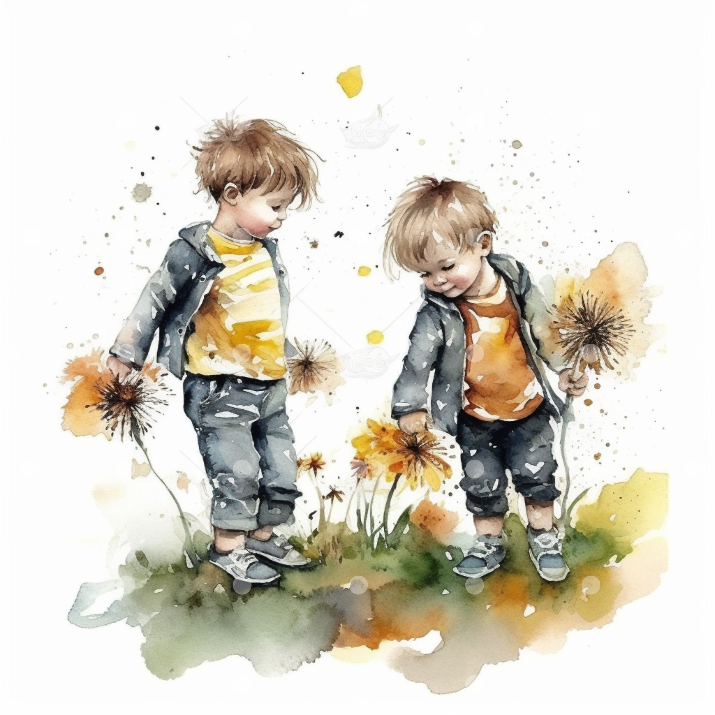 Watercolor Kids Playing Clipart: Dandelion Nursery Art (instant ...