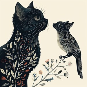 Cat and Bird Cliparts: Playful Feline Graphics (JPG Digital Download ...